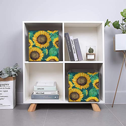 Watercolor Sunflowers Leaves Collapsible Storage Bins Cubes Organizer Trendy Fabric Storage Boxes Inserts Cube Drawers 11 Inch