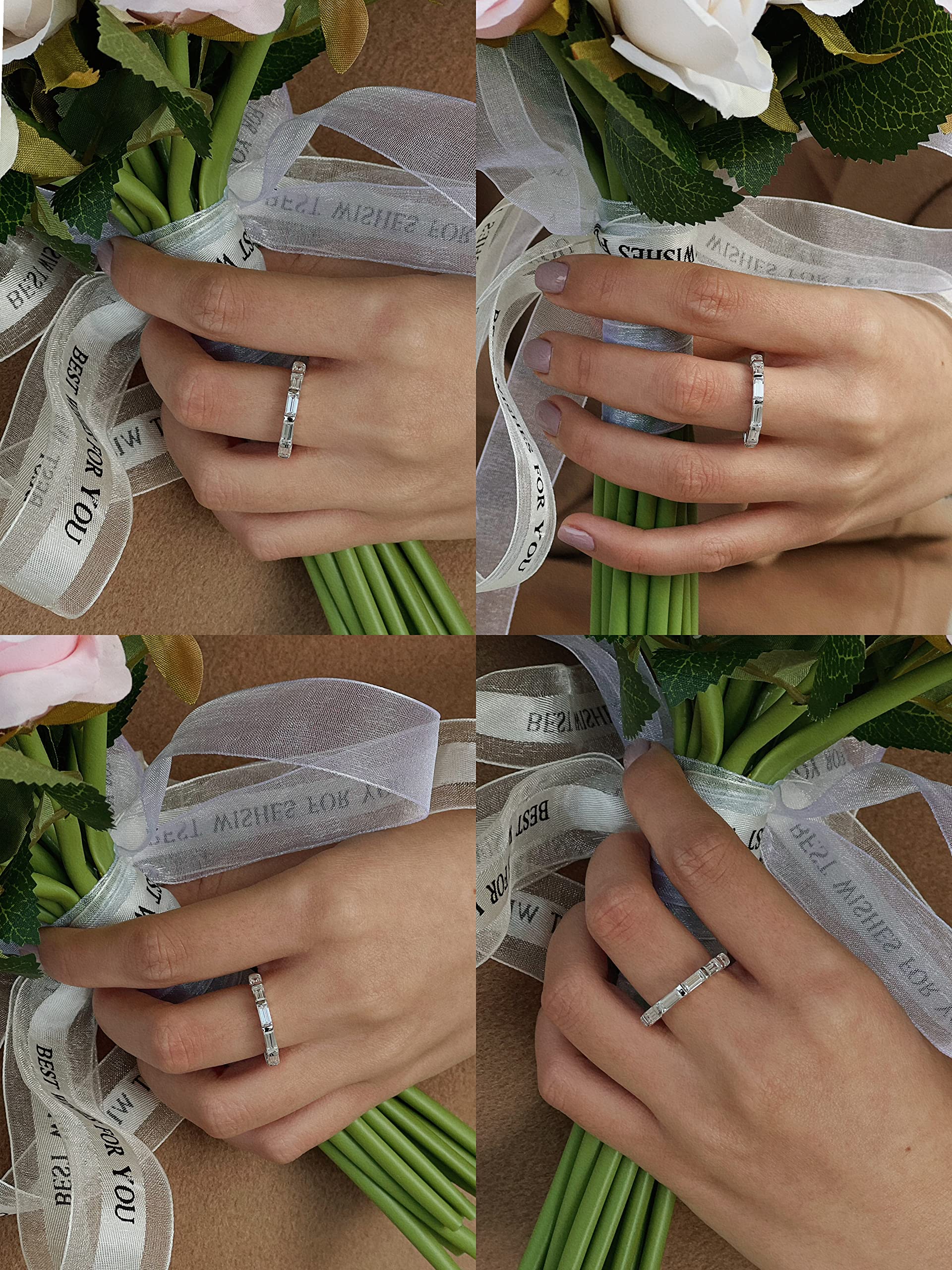 Michooyel S925 Baguette Eternity Ring Wedding Band Ring Cubic Zirconia Stacking Ring Sterling Silver Ring for Women