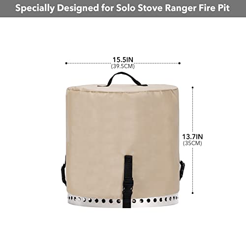 Stanbroil Fire Pit Cover Round - Outdoor Protective Shelter for Solo Stove Ranger, Round Patio Fireplace Waterproof Covers with Straps and Handle, Beige