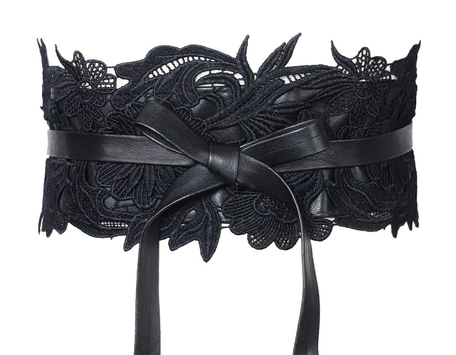 Lovful Womens Faux Leather Lace Wrap Around Obi Belt Waist Boho Band Wide Belts,Black