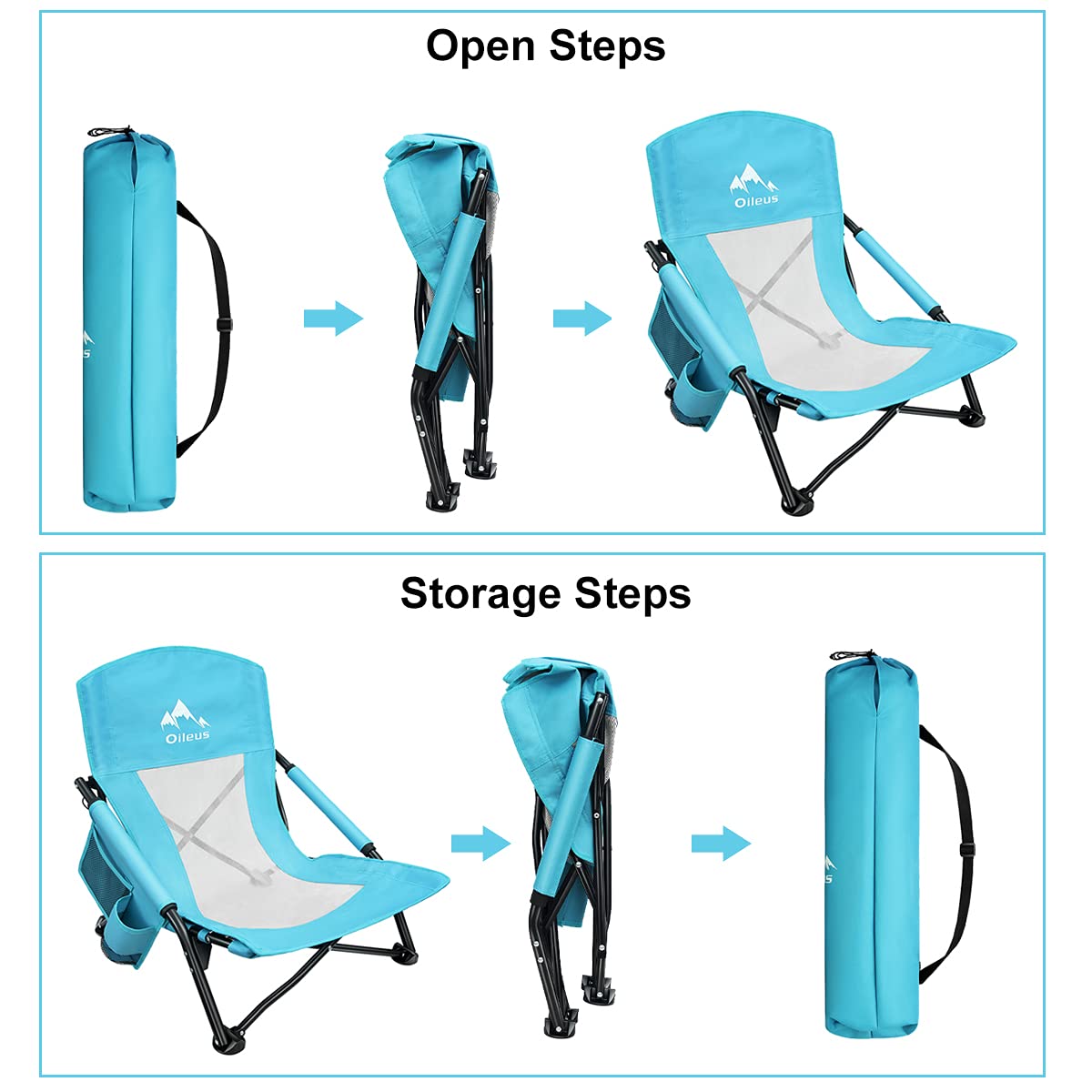 Oileus Low Beach Chair for Beach Tent/Shelter/Camping/Outdoor Ultralight Backpacking Folding Recliner Chairs with Cup Holder/Storage Bag, Carry Bag, Breeze Mesh Back, Compact Duty 2 Pcs