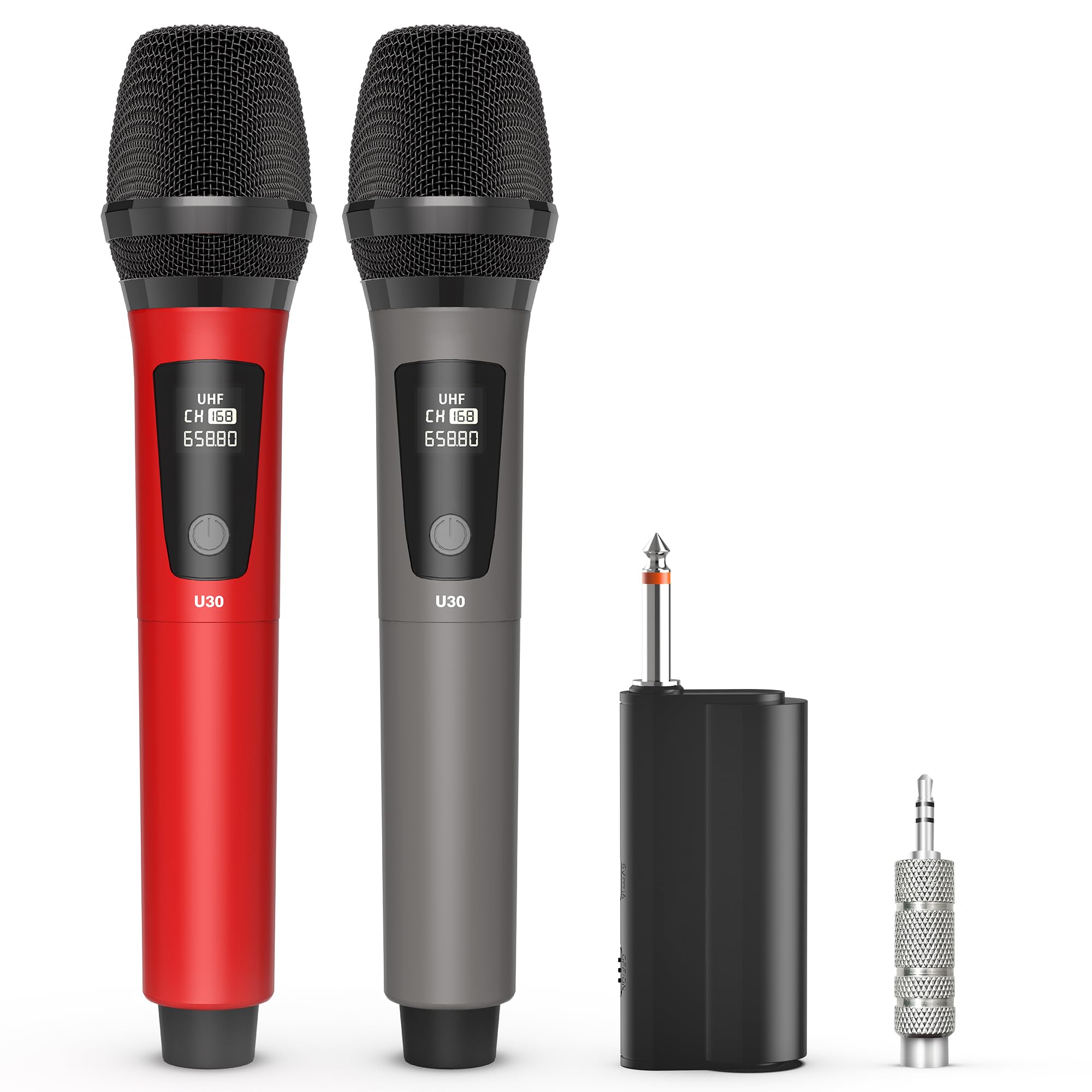 JYX Wireless Microphone, Dual UHF Metal Rechargeable Handheld Dynamic Cordless Mic, Karaoke Microphone with Receiver, 6.35mm (1/4") Output, 3.5mm (1/8") Adapter, 160 ft Range, for Party, DJ, Meeting
