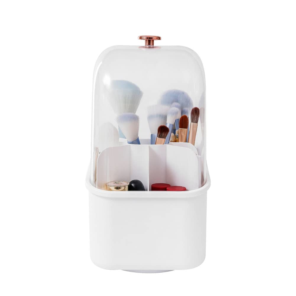 Srutirbo Makeup Brush Holder 360 Degree Rotating Brush Organizer with Clear Lid, Brush Storage Box Dust Proof Makeup Organizer for Bathroom, Vanity, Makeup Container (Square White)