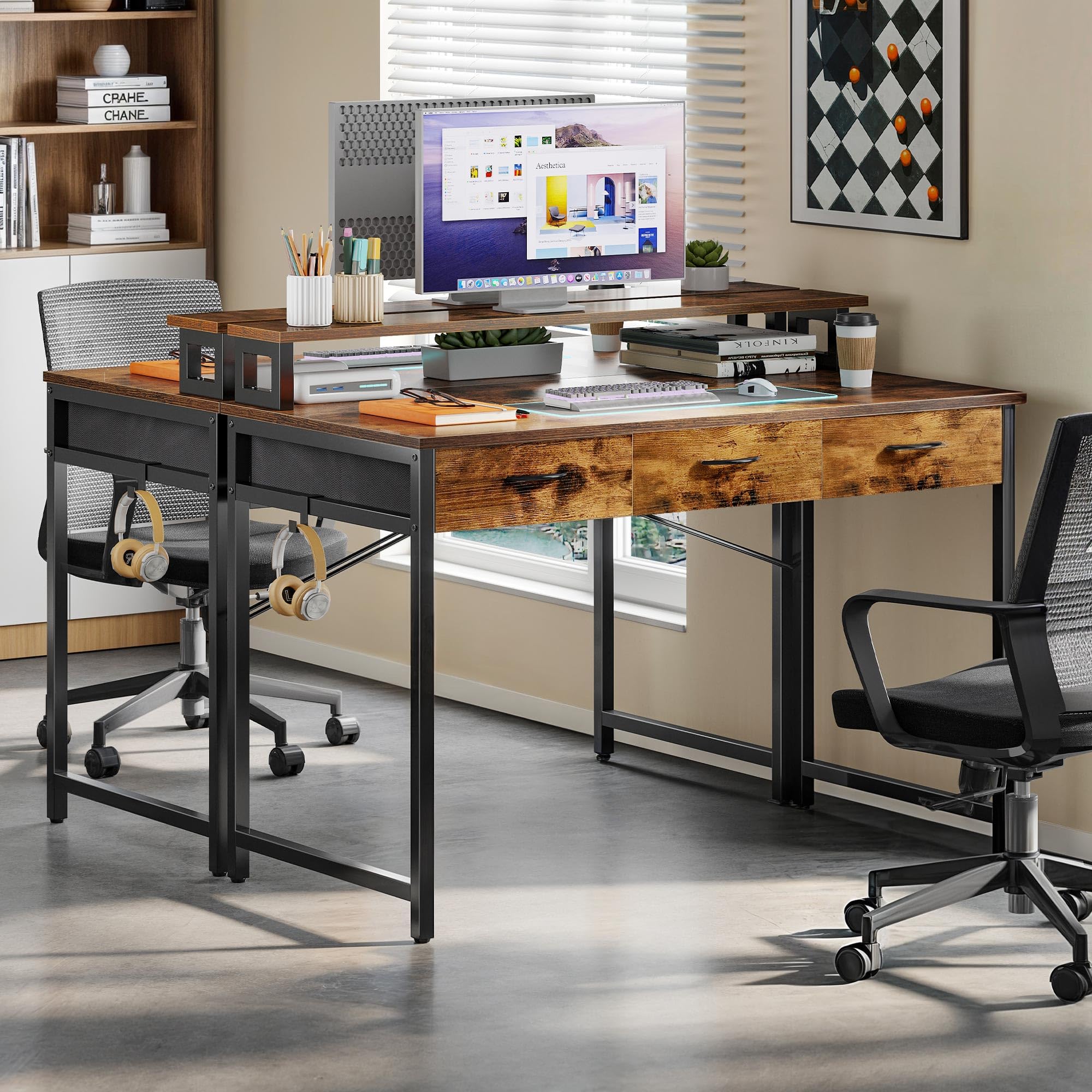 YITAHOME Small Computer Desk with Drawers, Office Desk with Monitor Stand for Small Spaces, Home Office Desks, Writing Desk Study Desk with Hooks, 31.4 x 19.7, Rustic Brown