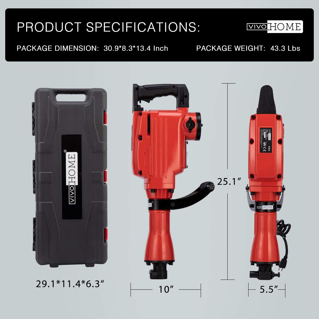 VIVOHOME 2200W 400 RPM Electric Demolition Jack Hammer Heavy Duty Concrete Breaker Drills Kit with Carrying Case Gloves Goggle and Removal tools Red