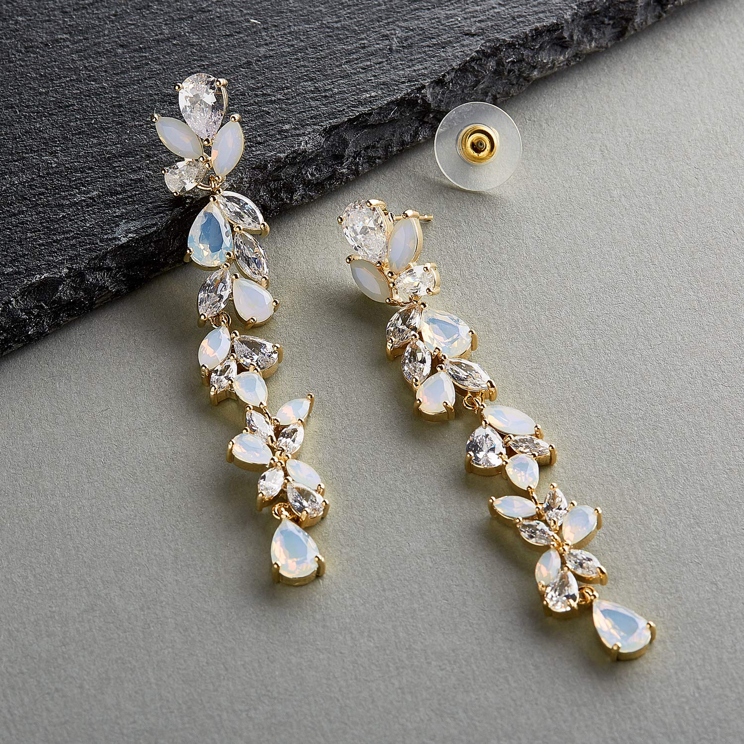 Mariell Gold and Opal Cubic Zirconia Crystal Wedding Dangle Earrings for Brides, Prom, Bridesmaids Gift
