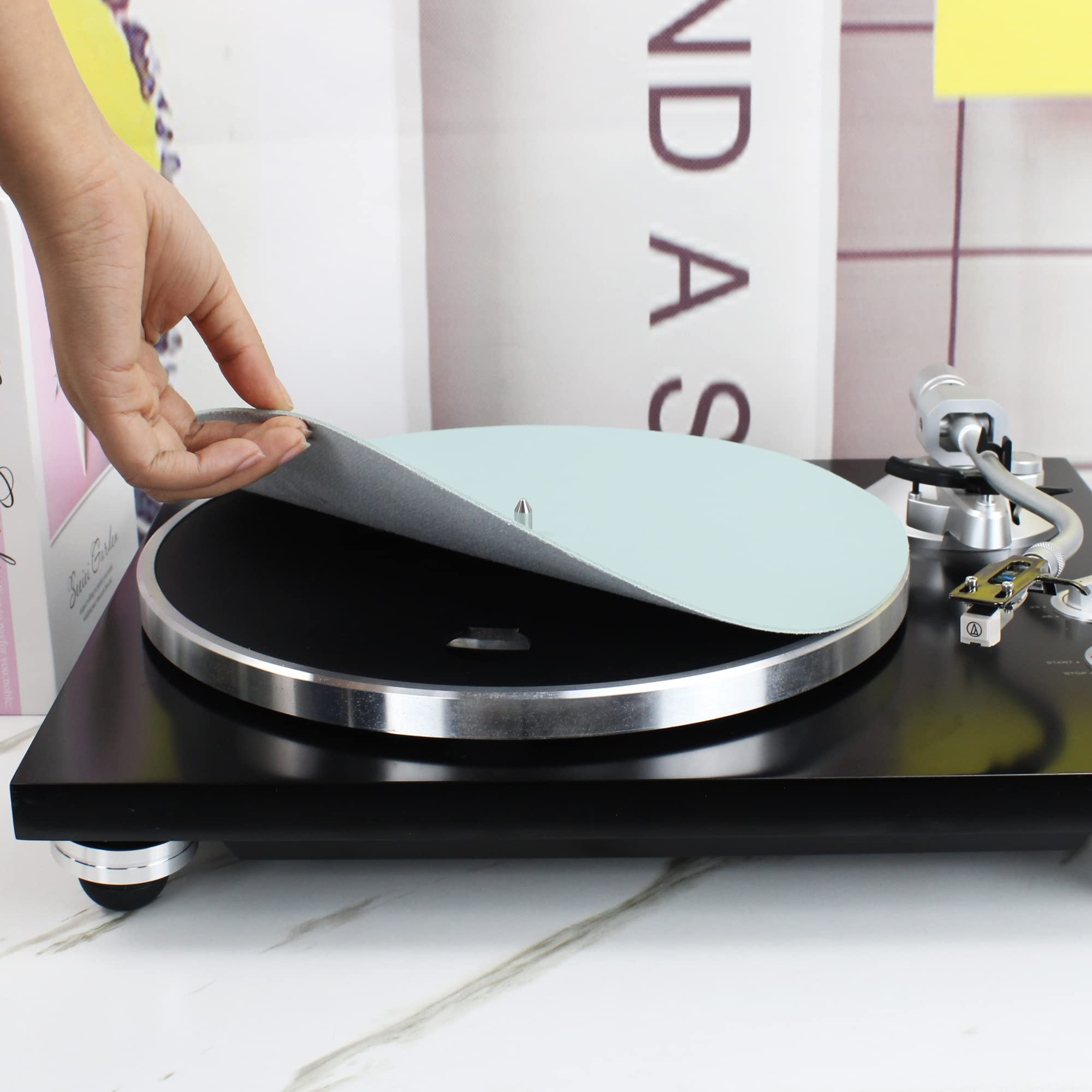 Record Master PU Leather Turntable Mat for Vinyl LP Record Players,Turntable Slipmat Help Reduce Noise Due to Static and Dust. Light Green