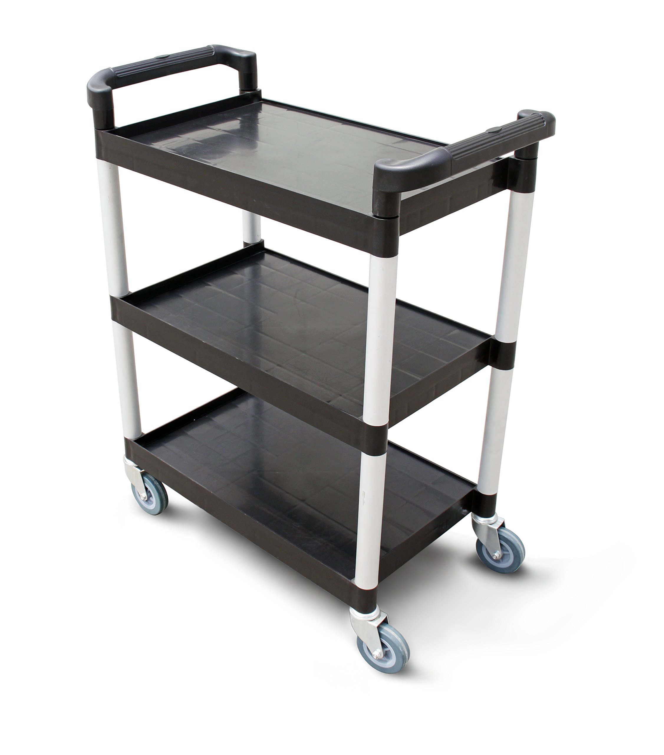 New Star Foodservice 54538 250-Pound Plastic 3-Tier Utility Bus Cart with Locking Casters, 32" x 16" x 38", Black