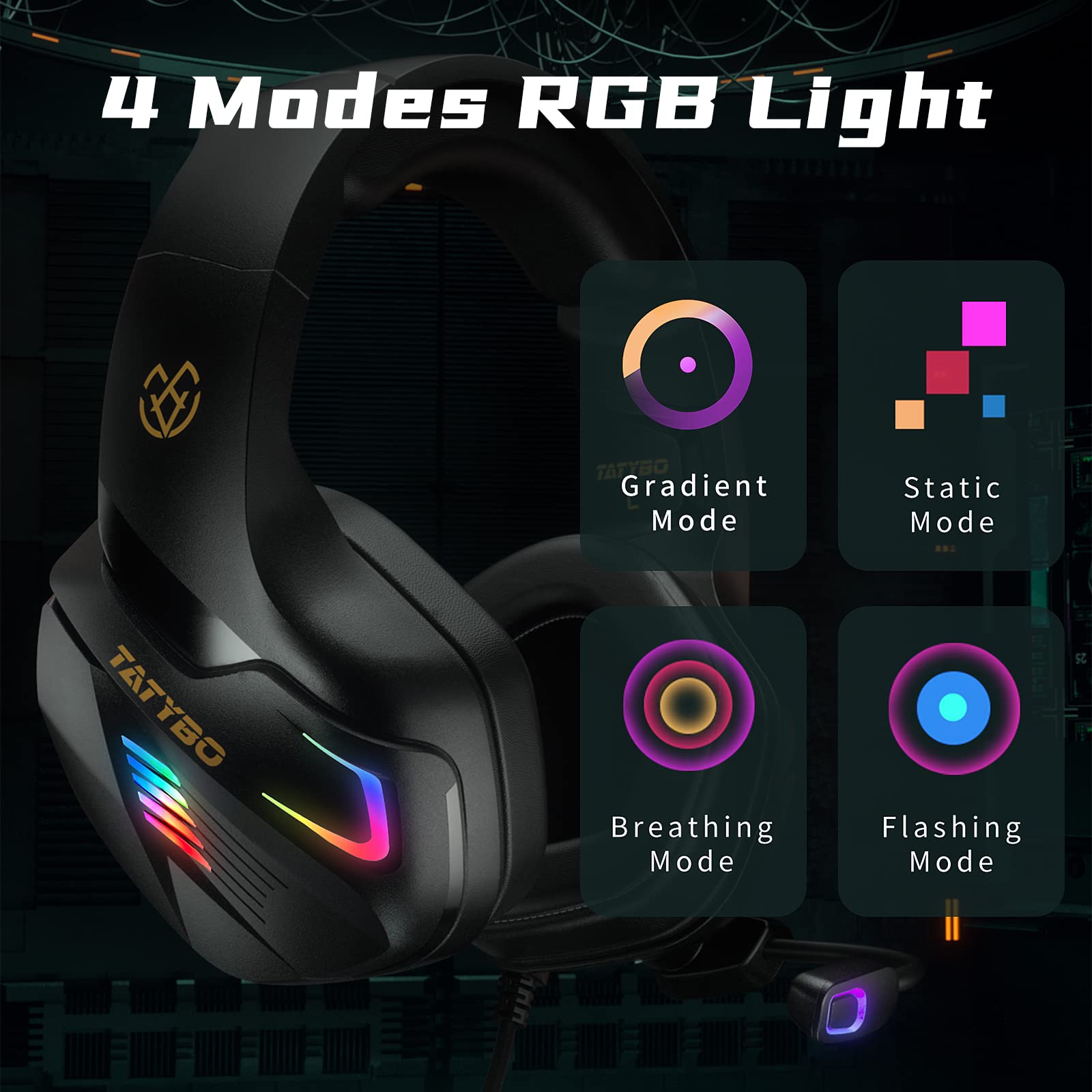 Tatybo Gaming Headset with Mic for PC PS4 PS5 Xbox One Series X/S Switch, PS4 Headset with Super Big Earmuffs & 4 Modes RGB Light, Black (XW3)
