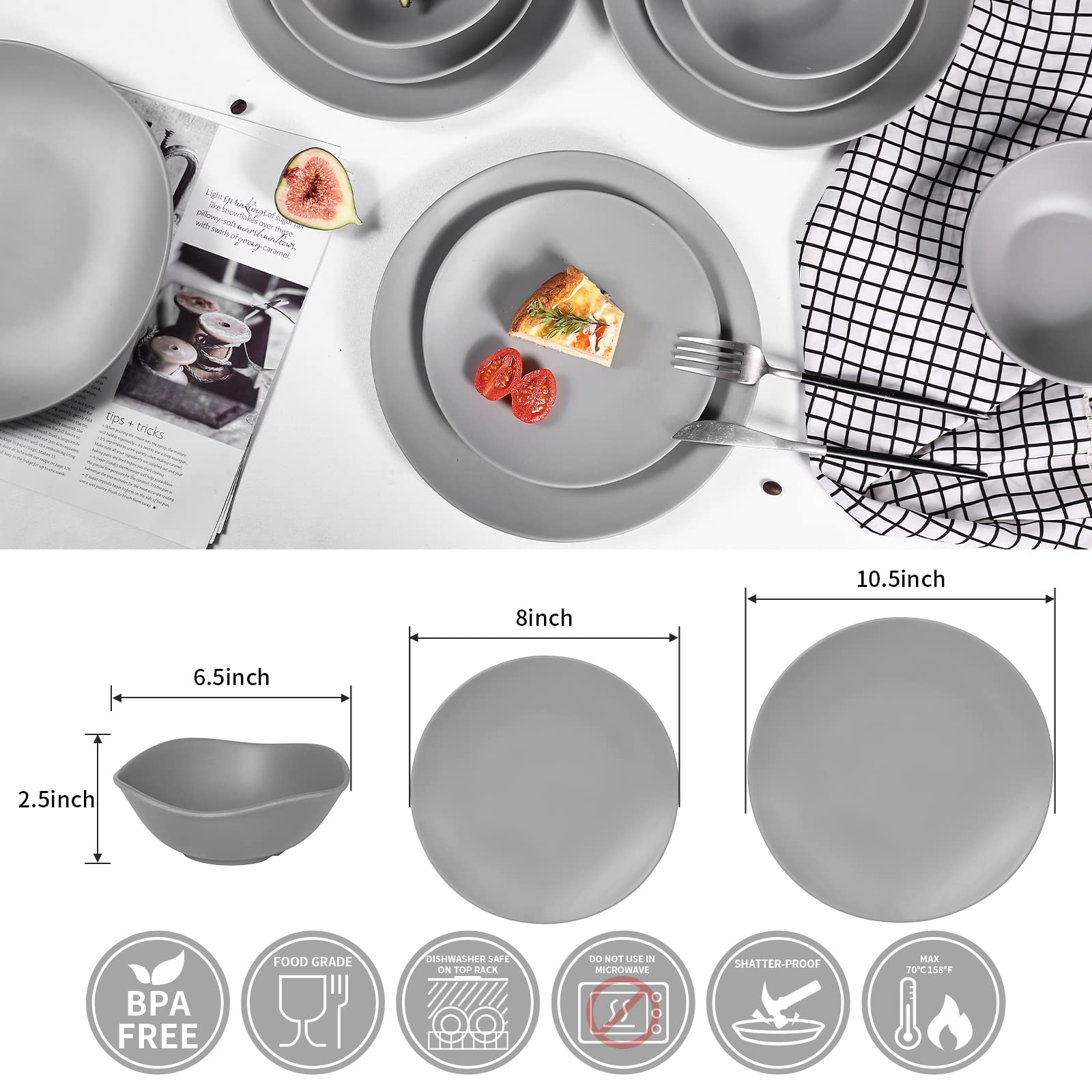 Irregular Melamine Dinnerware Sets-12 Piece Plates and Bowls Sets,Indoors and Outdoors Dinnerware,Service for 4,Dishwasher Safe,Grey