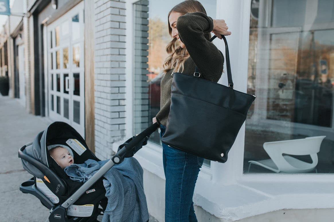 Little Unicorn Citywalk Tote – Diaper, Work, Travel Bag with Changing Pad - Premium Vegan Leather – 6 Interior Pockets – Wipes Clean Inside & Out (Black)