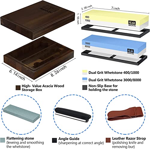 Sharpening Stone Set with Wood Storage Box, SHAN ZU Whetstone Dual Grit 400/1000 & 3000/8000 Knife Sharpener Stone Includes Non-Slip Rubber Strip & Flattening Stone & Angle Guide & Leather Razor Strop