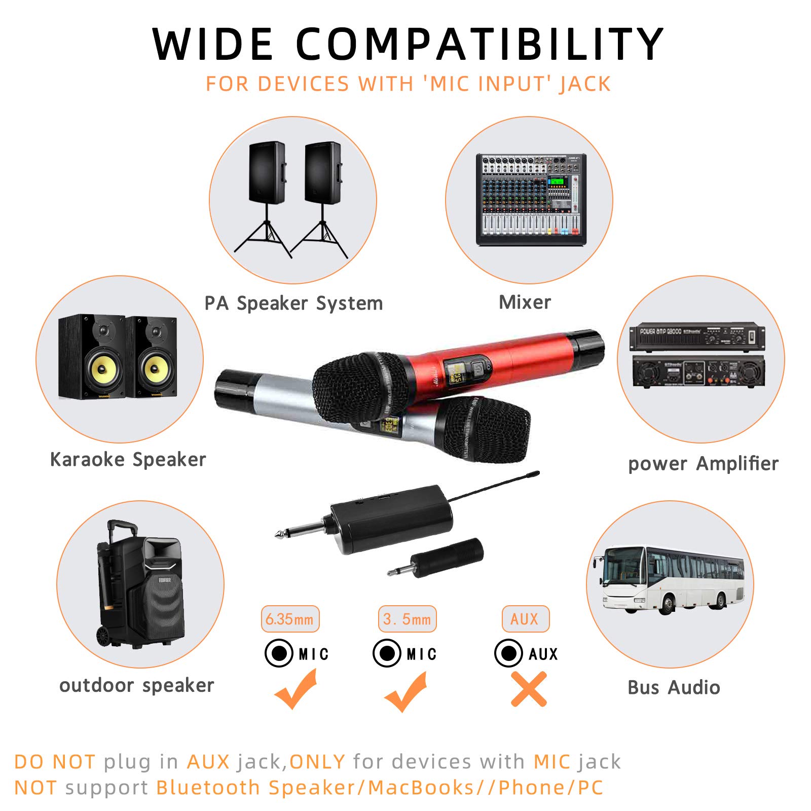 MIMIDI Wireless Microphone - Dual Handheld UHF Portable Dynamic System with Rechargeable Receiver, Karaoke Mic for Singing Machine,PA,Speaker,Party,Church,Meeting,260ft (Silver+Red)