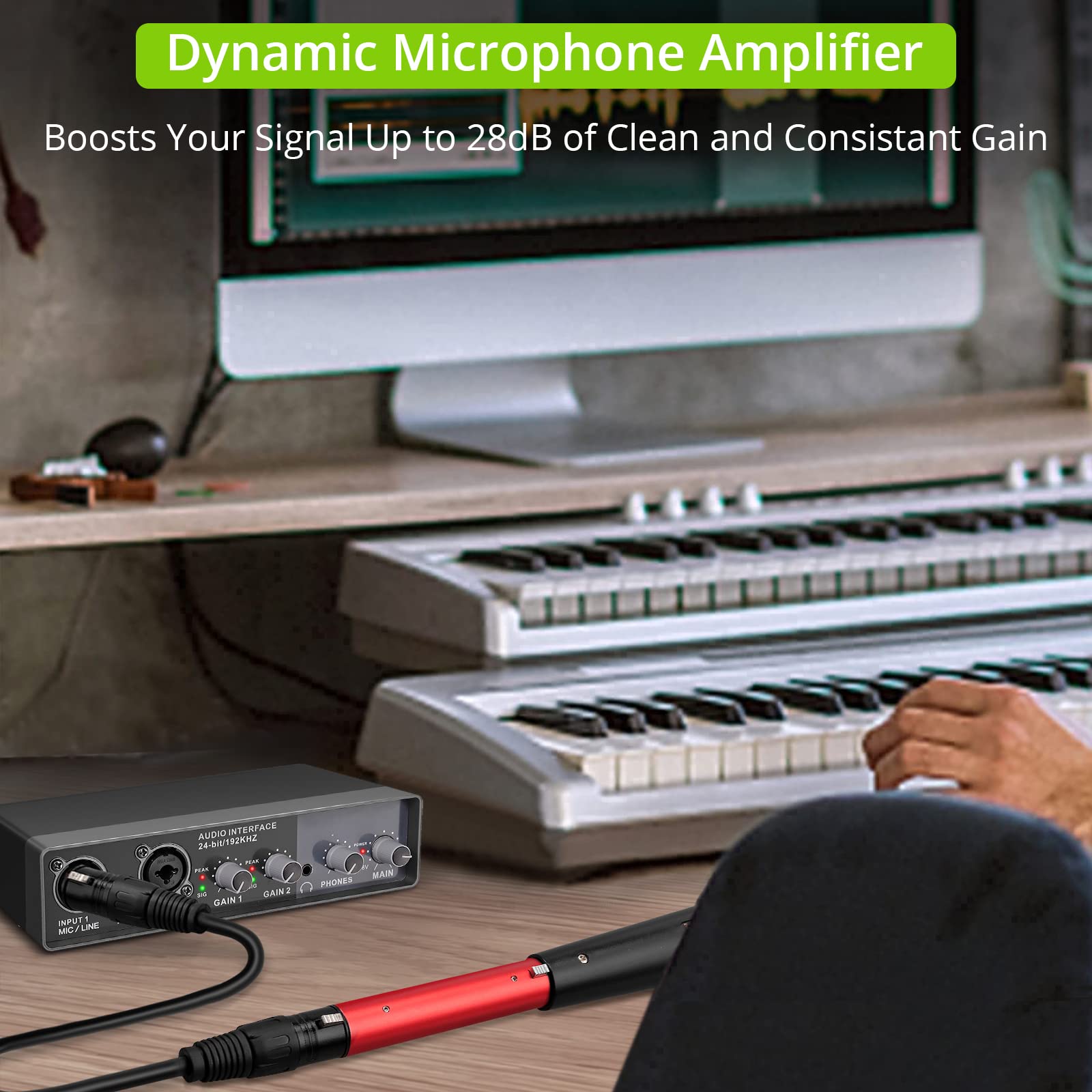 Microphone Preamp, LiNKFOR Dynamic Microphone Amplifier, 28dB Gain Range Microphone Preamp for Livestream, Broadcast, Podcast, Vocal Recordings