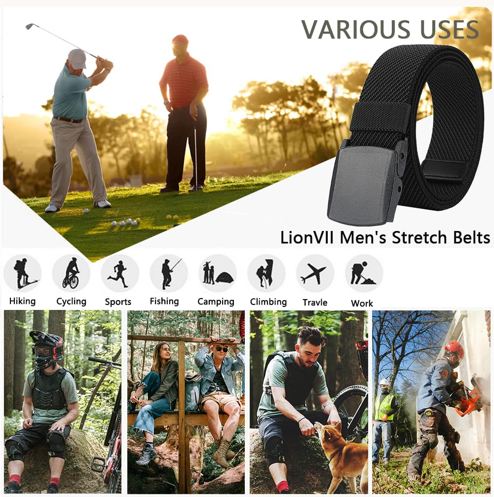 LionVII Men's Stretch Belts -Breathable Casual Web Belt for Men with No Metal Plastic Buckle for Work Sports, Adjustable [53" L x 1.5" W](Black)