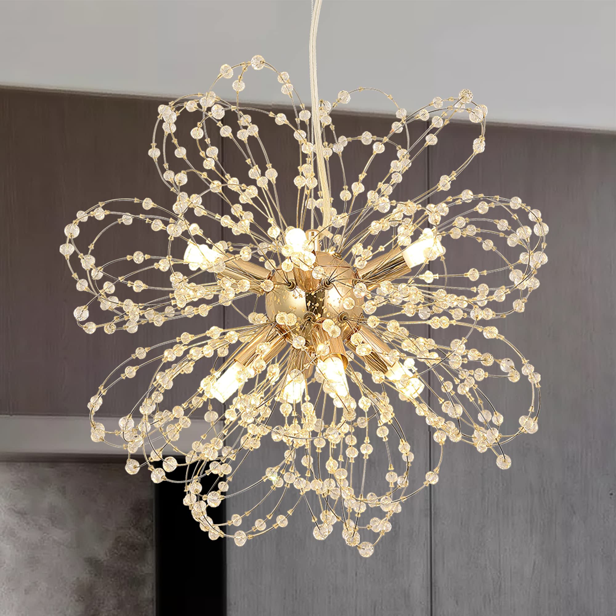 Isamacc Firework Crystal Chandeliers, 8-Light Dandelion Gold Chandelier for Dining Room, Sputnik Small Chandeliers Light Fixture for Bedroom, Living Room, Kitchen, Restaurant