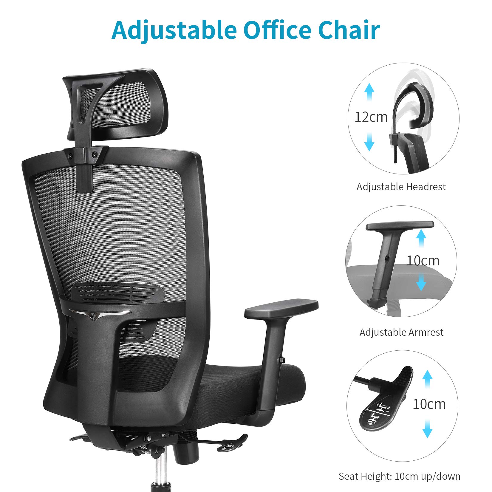 mfavour Ergonomic Office Chair with Lumbar Support Ergonomic Desk Chair Adjustbale Headrest and Armrest Thick Seat Cushion 135°Reclining & Rocking Computer Chair with Wheels for Home Office