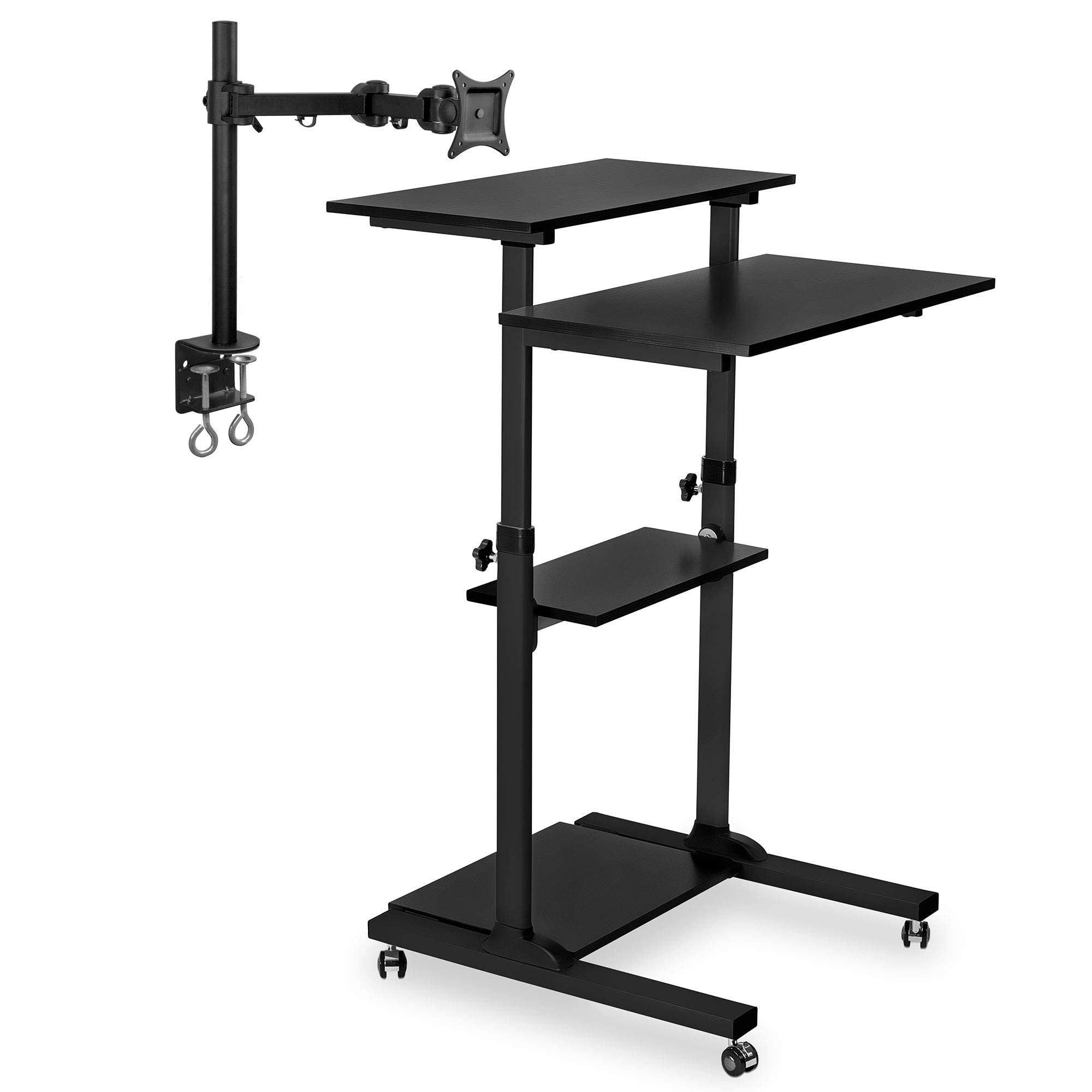 Mount-It! Mobile Standing Desk, Height Adjustable Computer Work Station Bundled with Single Monitor Arm Mount | Heavy Duty Stable Full Motion Height Adjustable | Fits 19-32 Inch Screen