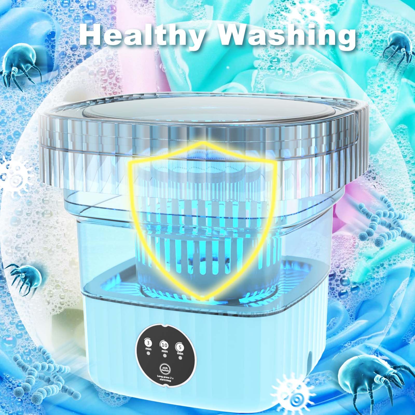 YLTIMER Portable Washing Machine, 8L Small Foldable Washing Machine with Spin,Collapsible Mini Washer and Dryer for Travel, Apartment, Socks, Underwear (Blue)