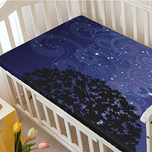 Starry Night Themed Fitted Mini Crib Sheets,Portable Mini Crib Sheets Soft & Stretchy Fitted Crib Sheet-Crib Mattress Sheet or Toddler Bed Sheet,24β x38β,Charcoal Grey Indigo Black
