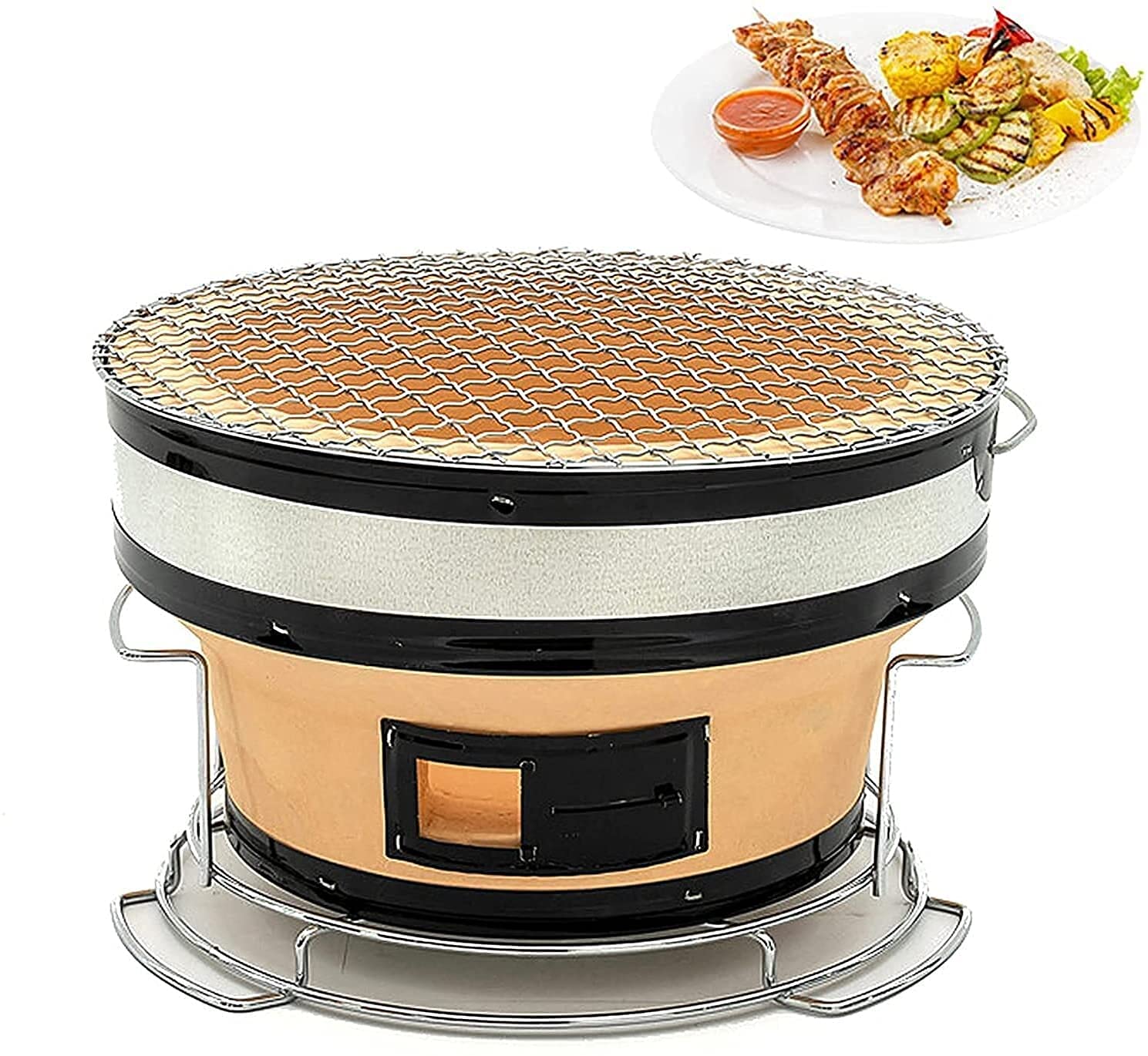 Yingm Japanese Round Yakatori Charcoal Grill/Ceramic Clay BBQ/Tabletop Barbecue Stove with Wire Mesh Grill for Backyard Outdoor Cooking