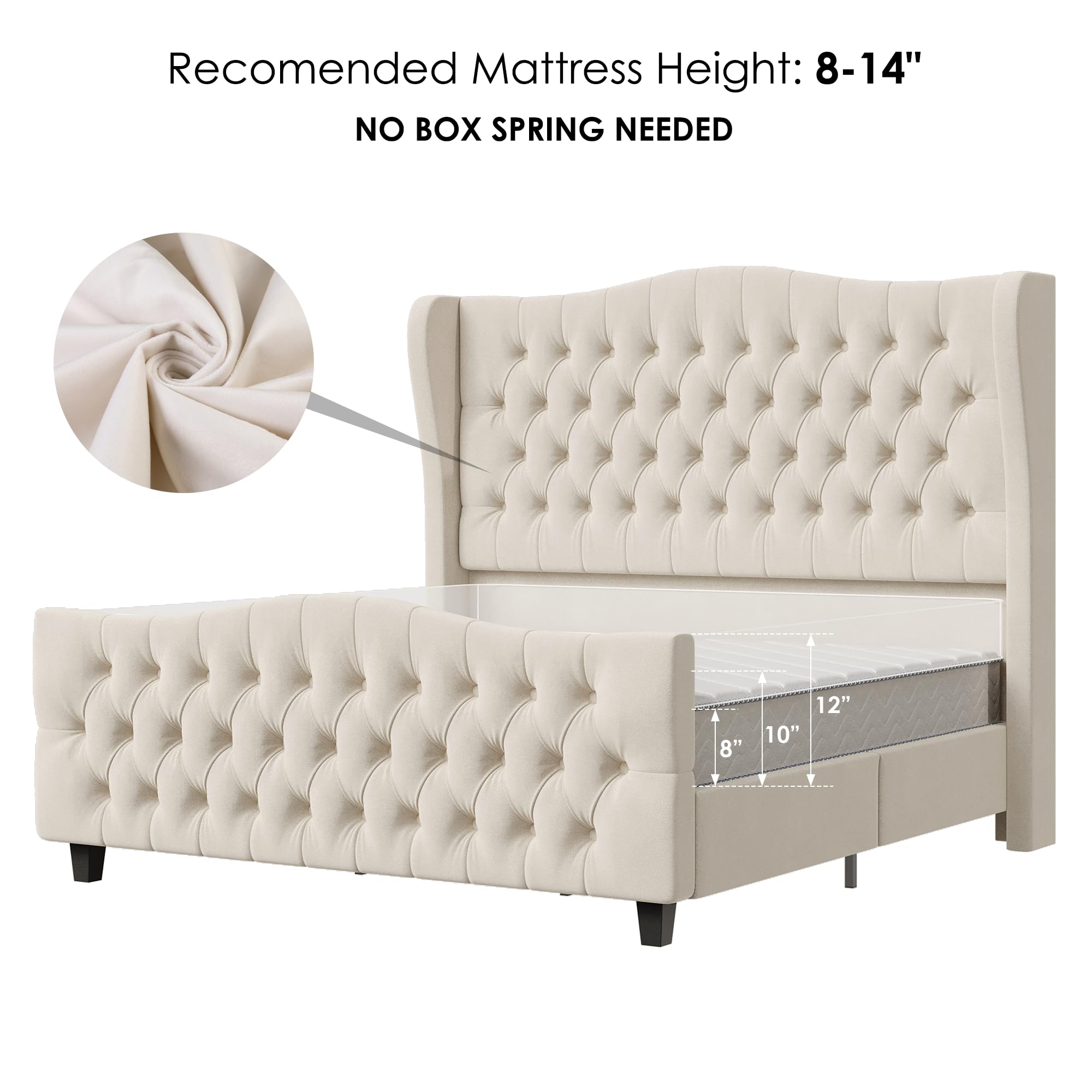 Keyluv Queen Size 54.3β Tall Platform Bed Frame with Deep Button Tufted Wingback Headboard and Footboard, Velvet Upholstered Bed Frame with Handmade Pleats, No Box Spring Needed, Beige/Cream
