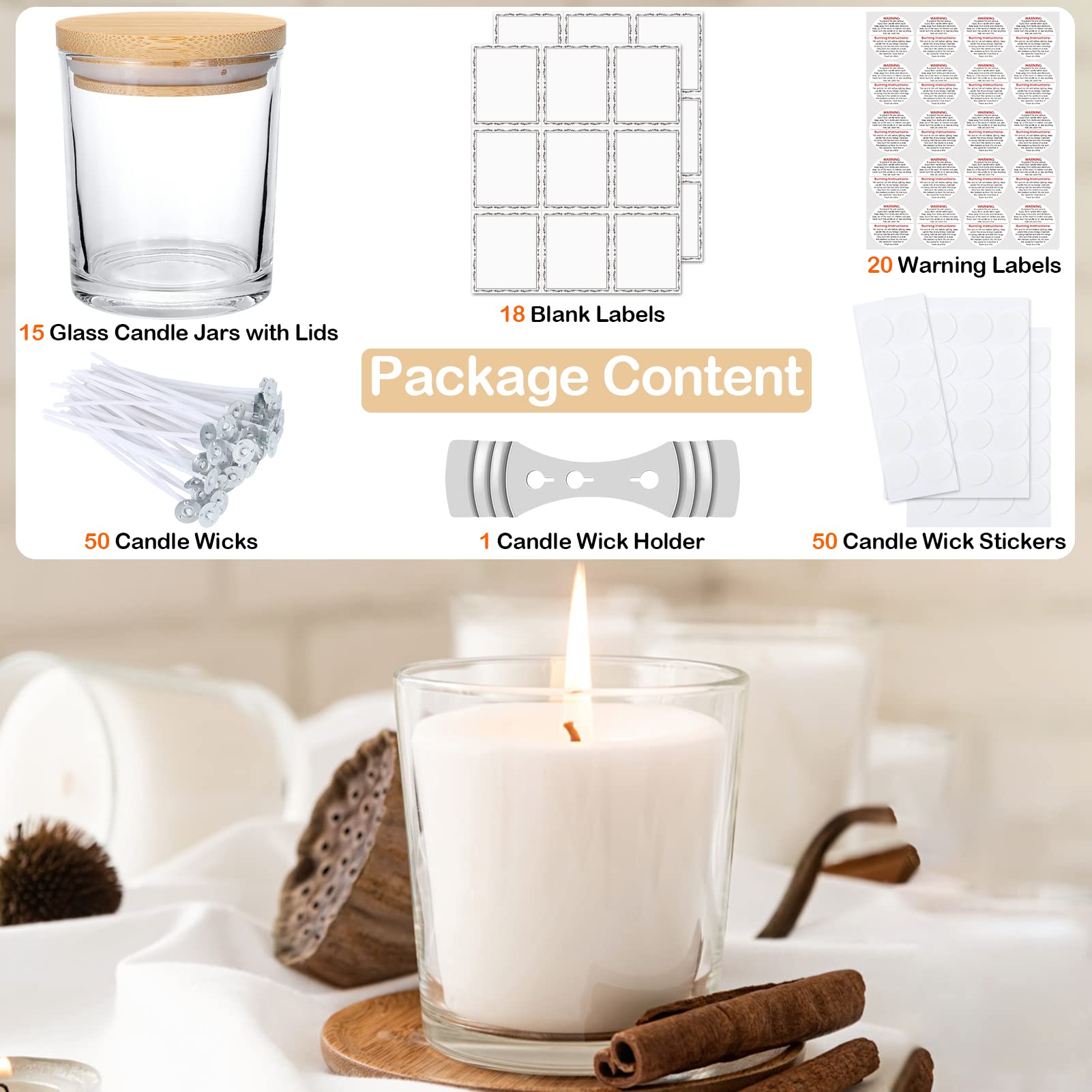 JuneHeart 15 Pack 6 OZ Candle Jars for Making Candles, Empty Glass Candle Jars with Bamboo Lids and 50 Candle Wicks Kit for Making Candles-Dishwasher Safe (Clear Jars, 15 Pack 8OZ)