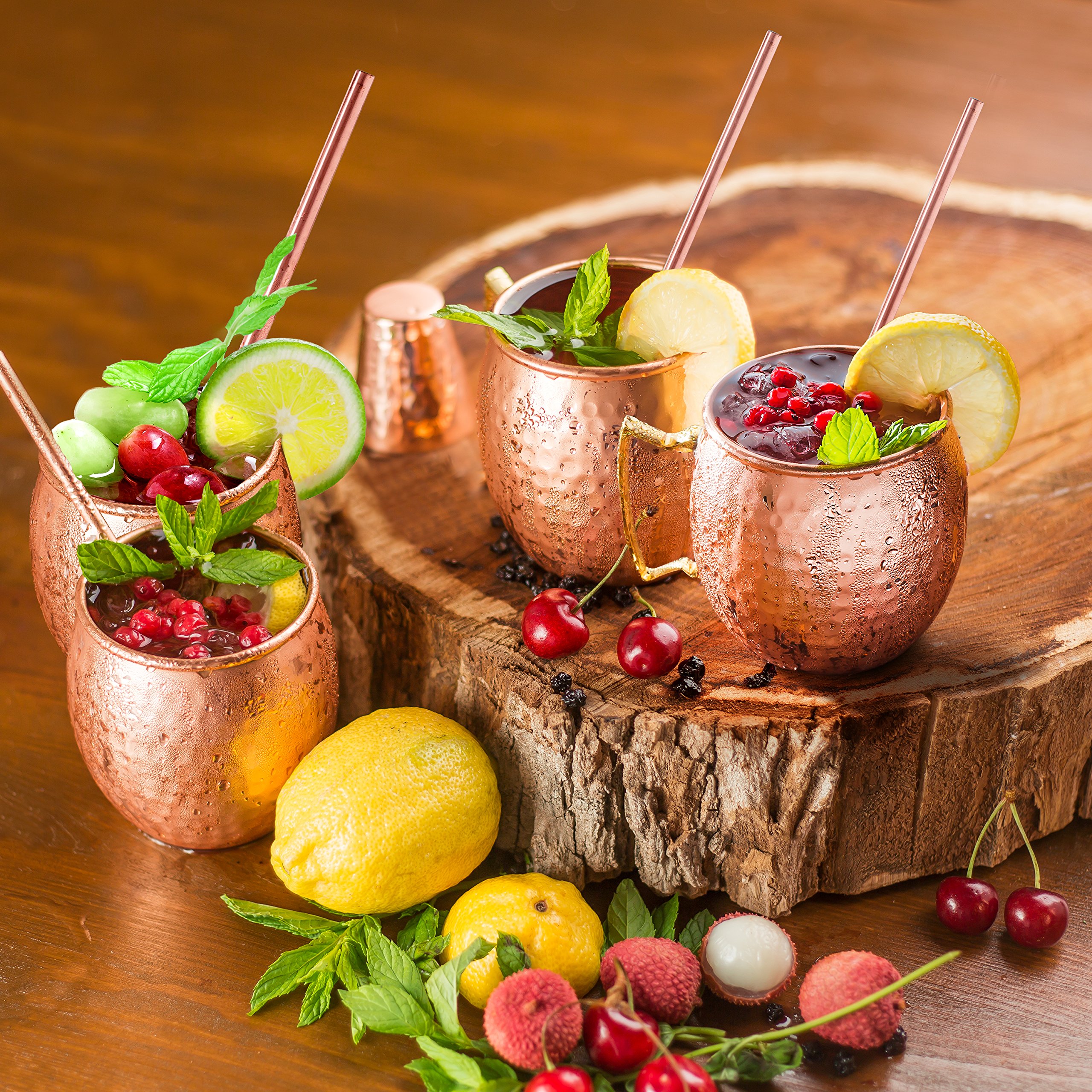 Moscow Mule Copper Mugs | Set of 4 Hammered Cups | 100% Handcrafted Pure Solid Copper | Gift Set with Cocktail Straws | Shot Glass | Coasters | Copper Stirrer & Beer Opener by Copper-Bar