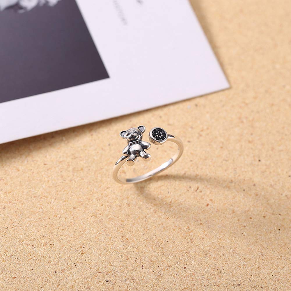 Lovely Bear Sterling Silver 925 Open Stacking Rings for Women Vintage Antique Black CZ Crystal Eternity Engagement Statement Ring Finger Band Cute Jewelry Adjustable