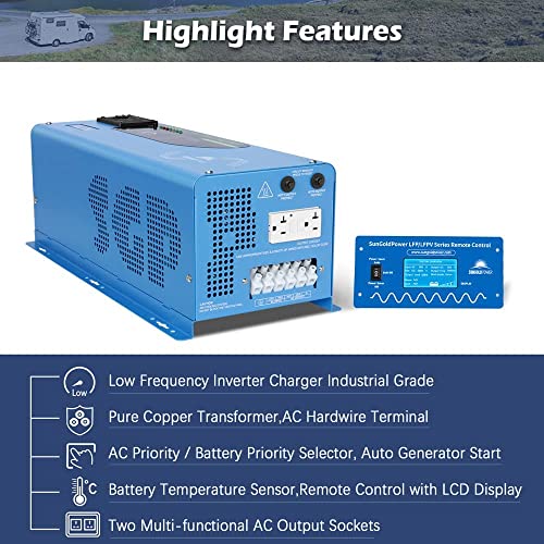 SUNGOLDPOWER 4000W 24Vdc Pure Sine Wave Inverter Low Frequency 240Vac Input 120Vac/240Vac Output Split Phase with Battery Charger Off-Grid 12000W Peak,(Updated Version)