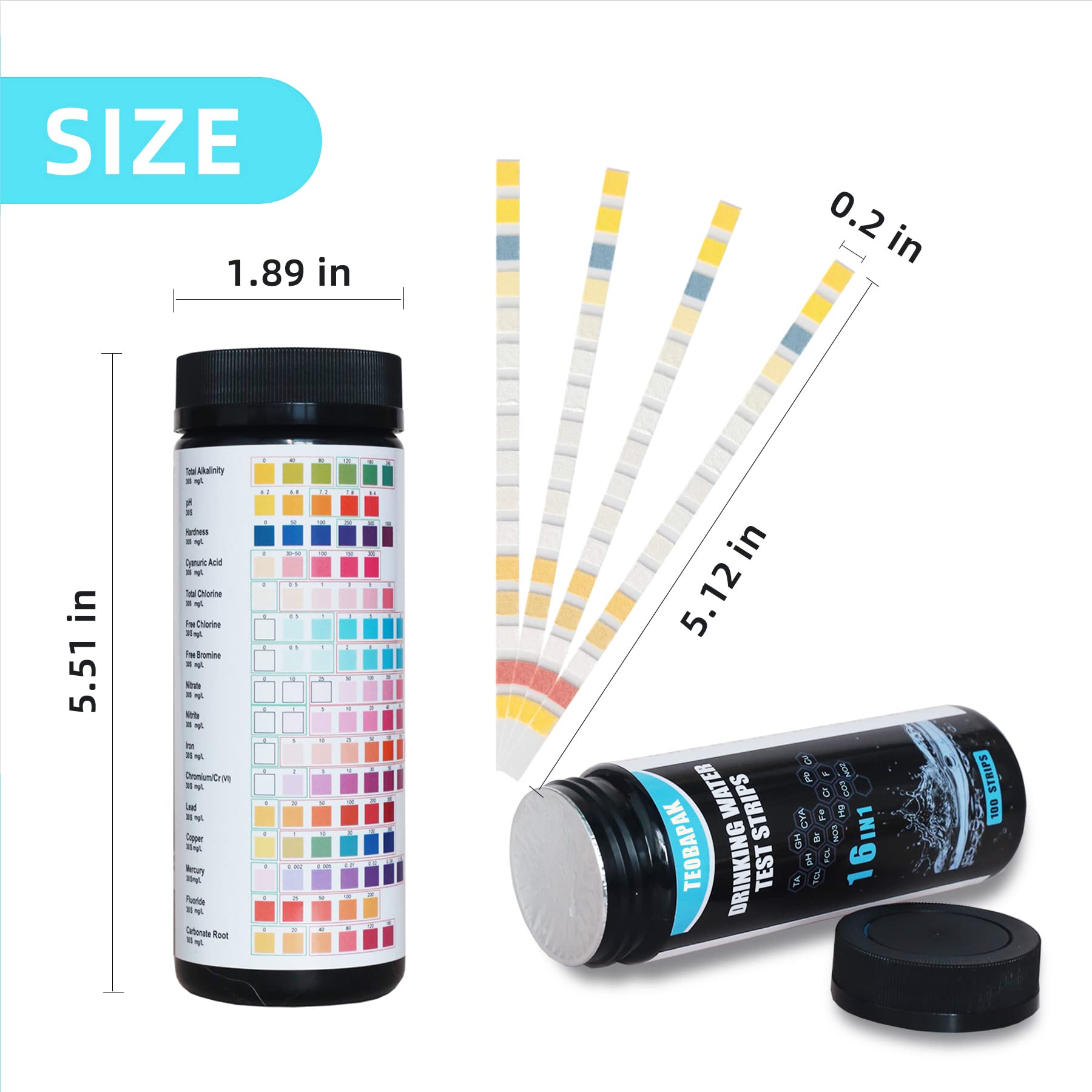 TEOBAPAK 16 in 1 Water Testing Kits for Drinking Water, 100 PCS Drinking Water Test Strips, Tap & Well Water Test Kit with Hardness, pH, Total Alkalinity, Mercury, Lead, Iron & More