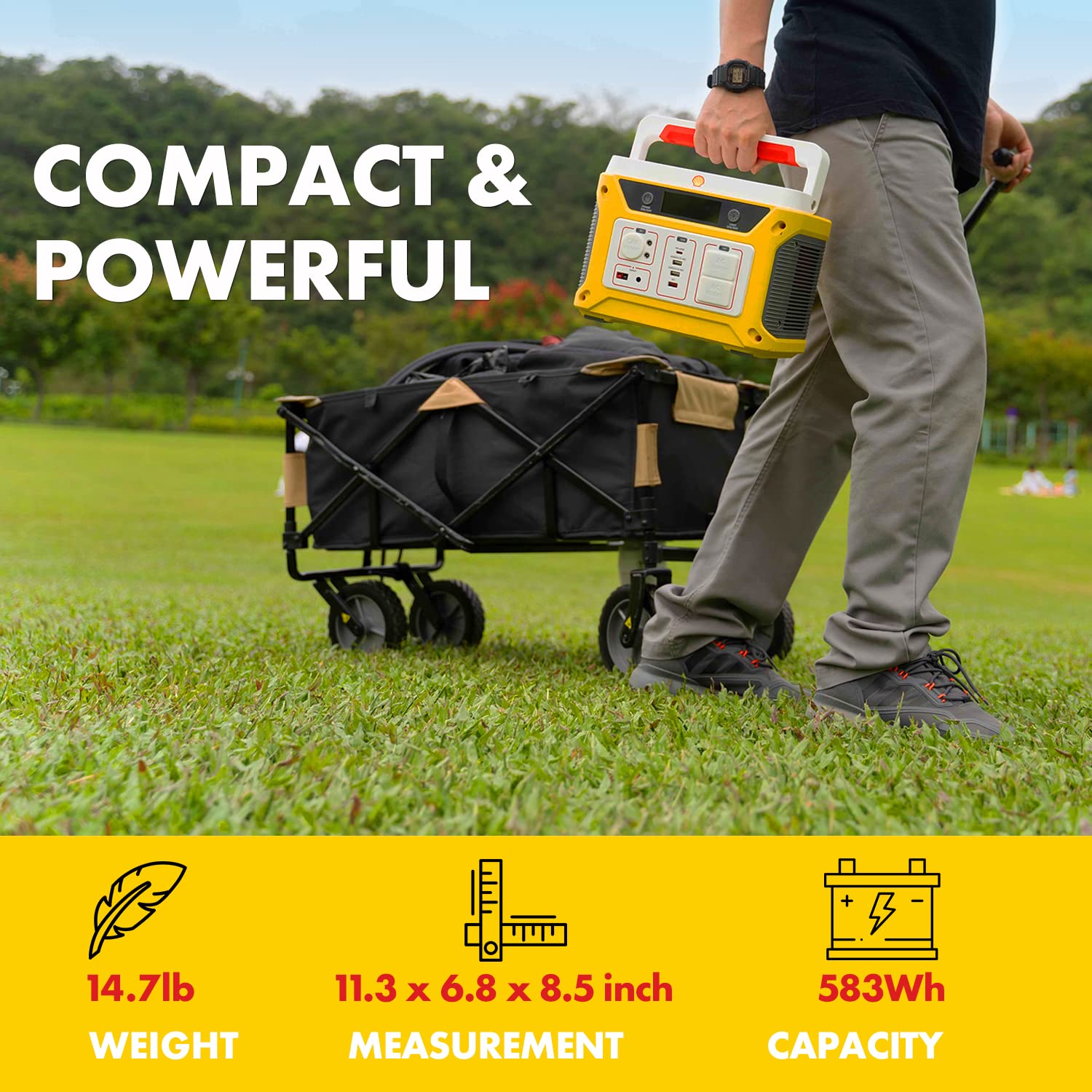 Shell Portable Power Station, 583Wh Solar Generator (Solar Panel Optional) with Lithium Battery Pack, 500W 10-Port,2 AC Outlets,60W USB-C PD Port,LED Light + Emergency Triangle, Portable Power Supply