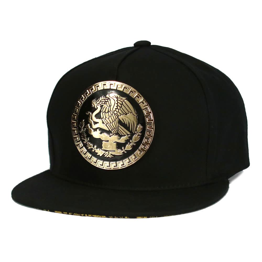 Mexican Mexico Hat Federal Metallic Gold Logo Snapback Flat Bill Baseball Cap (Black)
