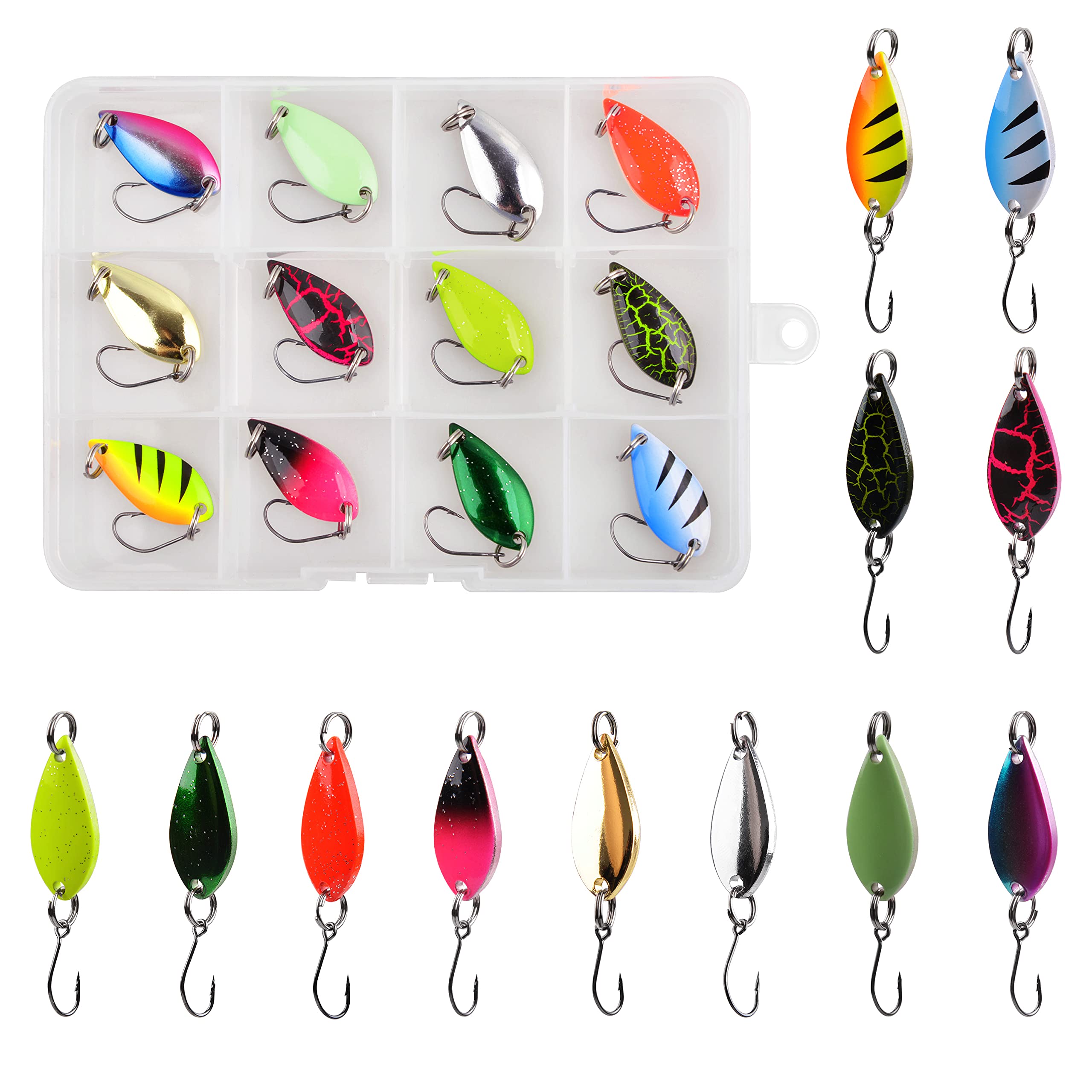 Mini Fishing Spoon Lure Set with Case, 12pcs / 24pcs Colorful Hard Metal Bait Set with Single Hook Jigging Baits Spoons for Trout Crappie Perch Panfish Pike 0.17oz (24pcs)