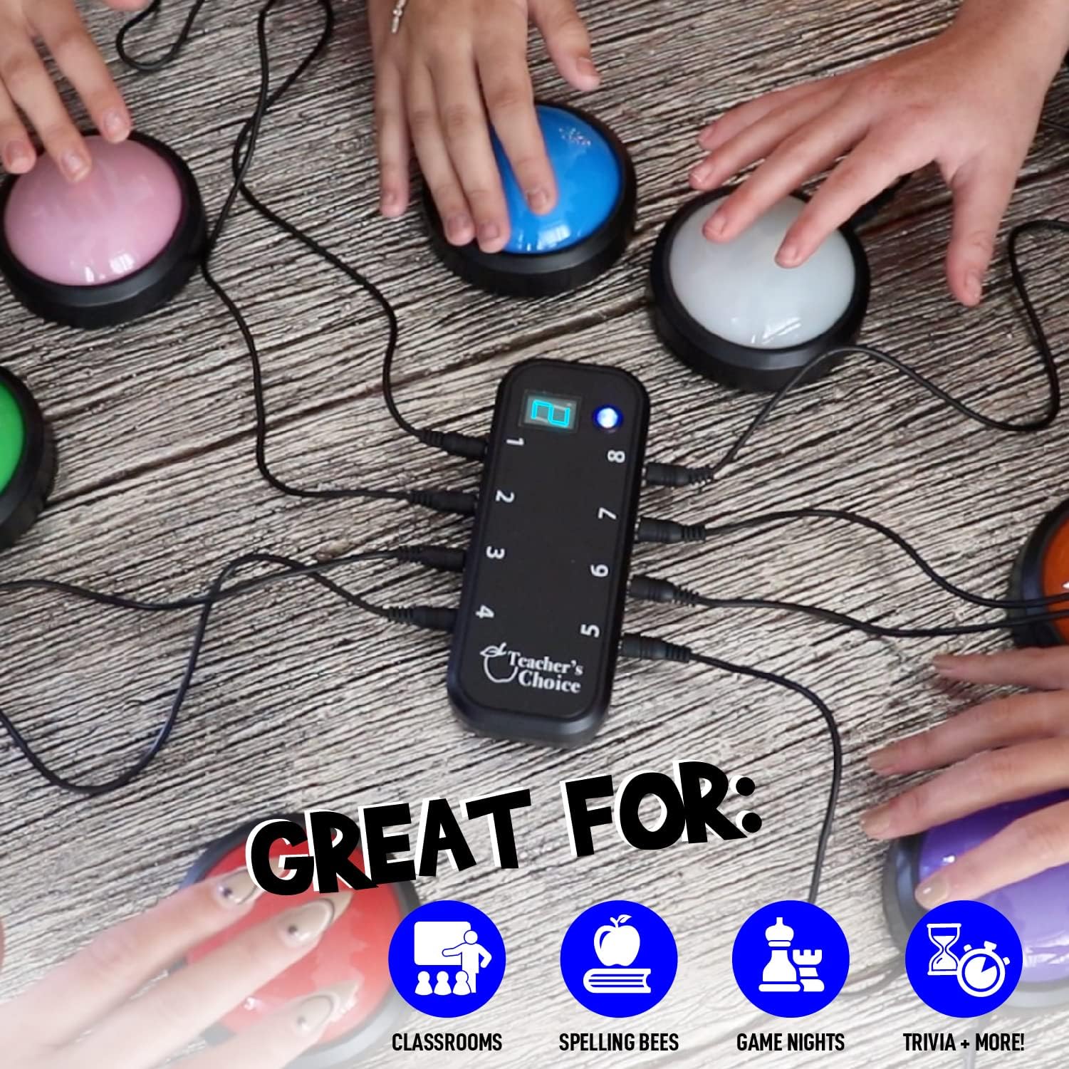 Teacher's Choice Light Up Game Buzzer System, Displays The Winning Player Loud, Unique Sounds for Each Buzzer, Great for Trivia Games, Family Feud, Jeopardy (8 Pack)