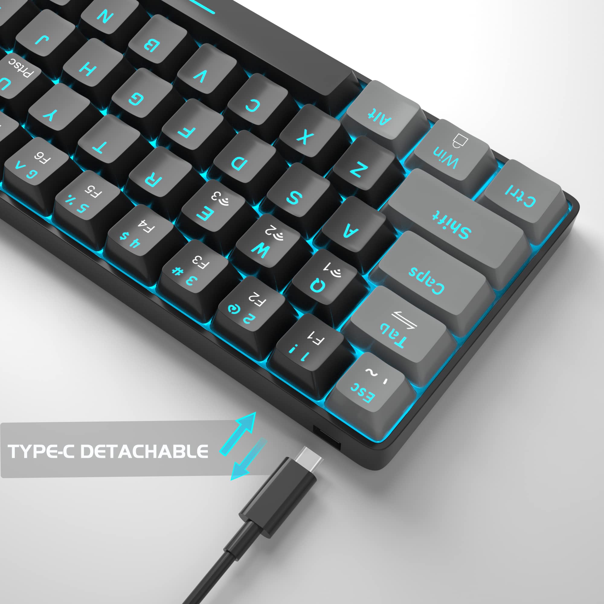 MageGee 60% Wired/Wireless Mechanical Gaming Keyboard with Red Switch, 68 Keys Compact LED Blue Backlit Mini USB-C Office Keyboard for PC Laptop Mac Smartphone, Black/Grey