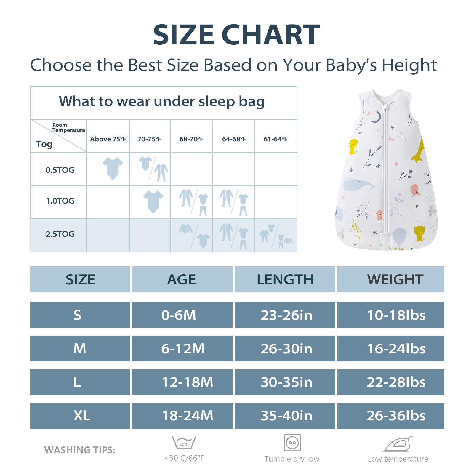 Mosebears Sleep Sack Baby Winter Wearable Blanket with 2-Way Zipper,2.5 TOG Cotton Sleep Sack Unisex (White Animal, 6-12 Months)