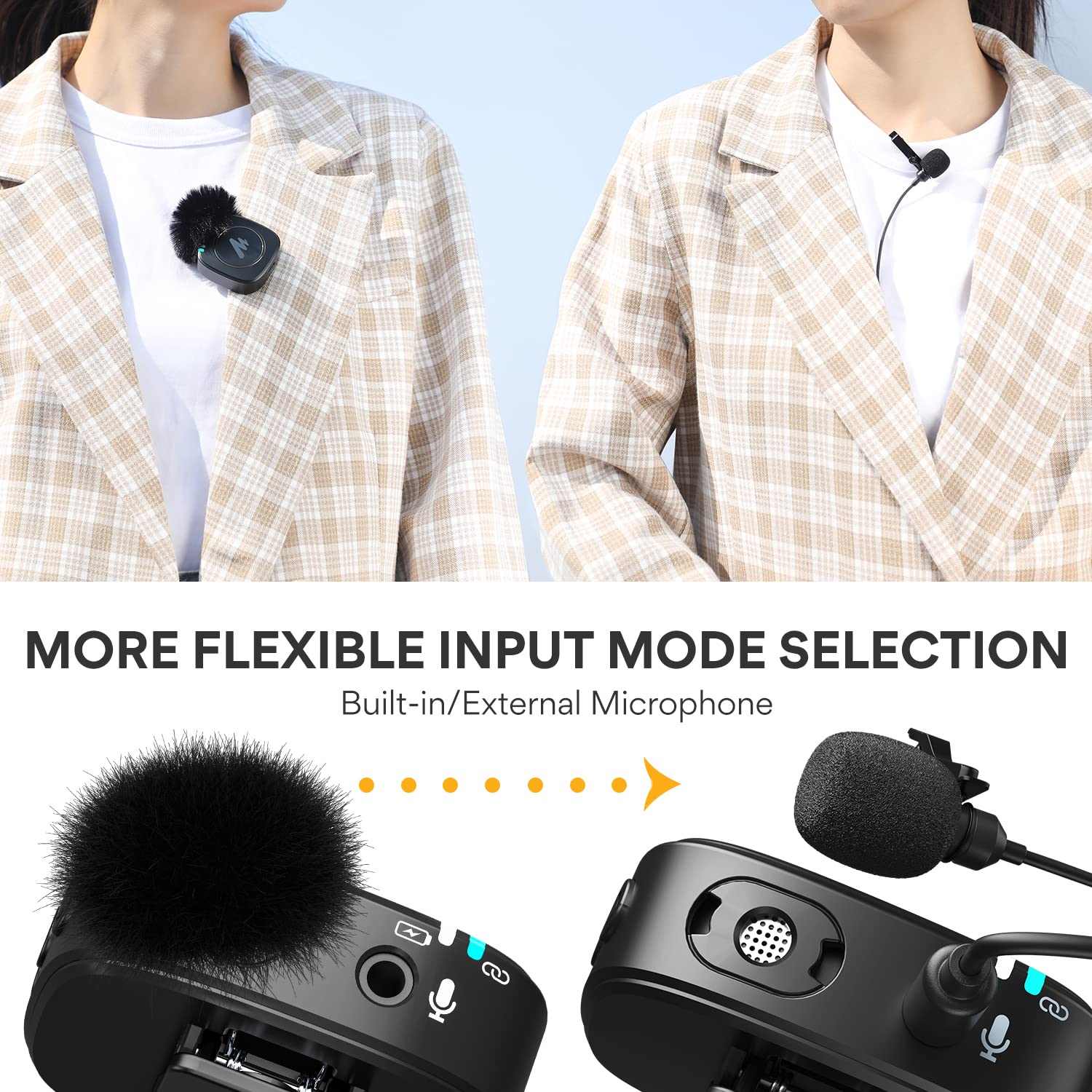 MAONO Compact Wireless Lavalier Microphone, 2.4GHz Dual Lapel Mics with Real-time Monitoring, Gain Adjustment and Mute for Interview, Vlogging, Live Streaming, Phone, Camera (WM820 A1)