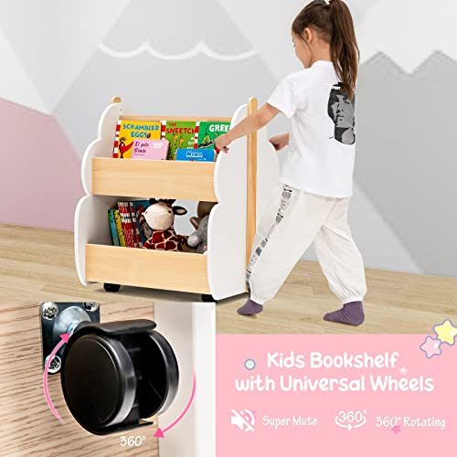 UIIAIOUIAIO Kids Bookshelf, 2-Tier Wooden Storage Shelf Book Rack with Universal Wheel