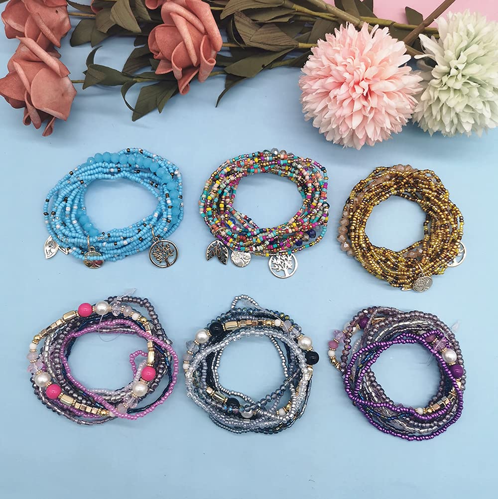 MOZAKA 9 Sets Bohemian Stackable Multilayer Bracelets for Women Stretch Elastic Multicolor Beaded Bracelets Jewelry Set