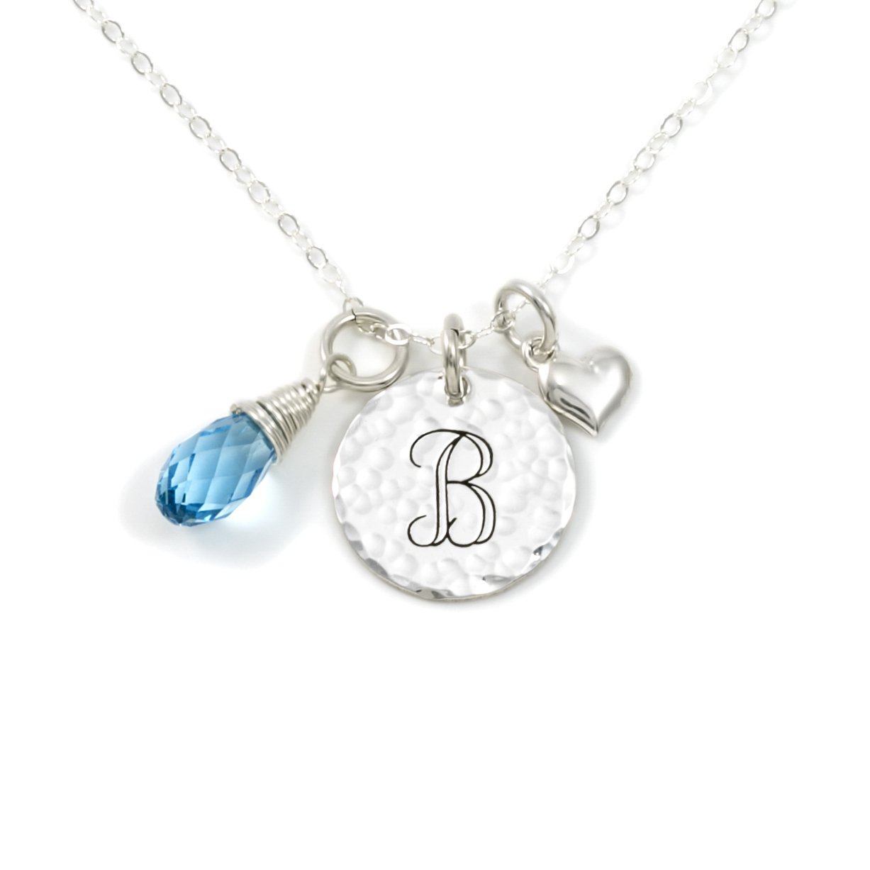 Keep It Simple- Personalized Sterling Silver Initial Monogram and Heart Charm Necklace with SwarovskiĀ® Birthstone Briolette. Chic Gifts for Her, Wife, Girlfriend, and more