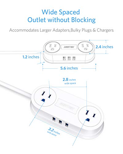 Small Power Strip with 3 USB Ports, BESTEK 2 Outlet Portable Plug Strip Charging Station with Adhesive Sticker, 5 Ft Extension Cord, Ultra-Compact for Cruise Ships, Dorm Room,Travel, Bedside, Office