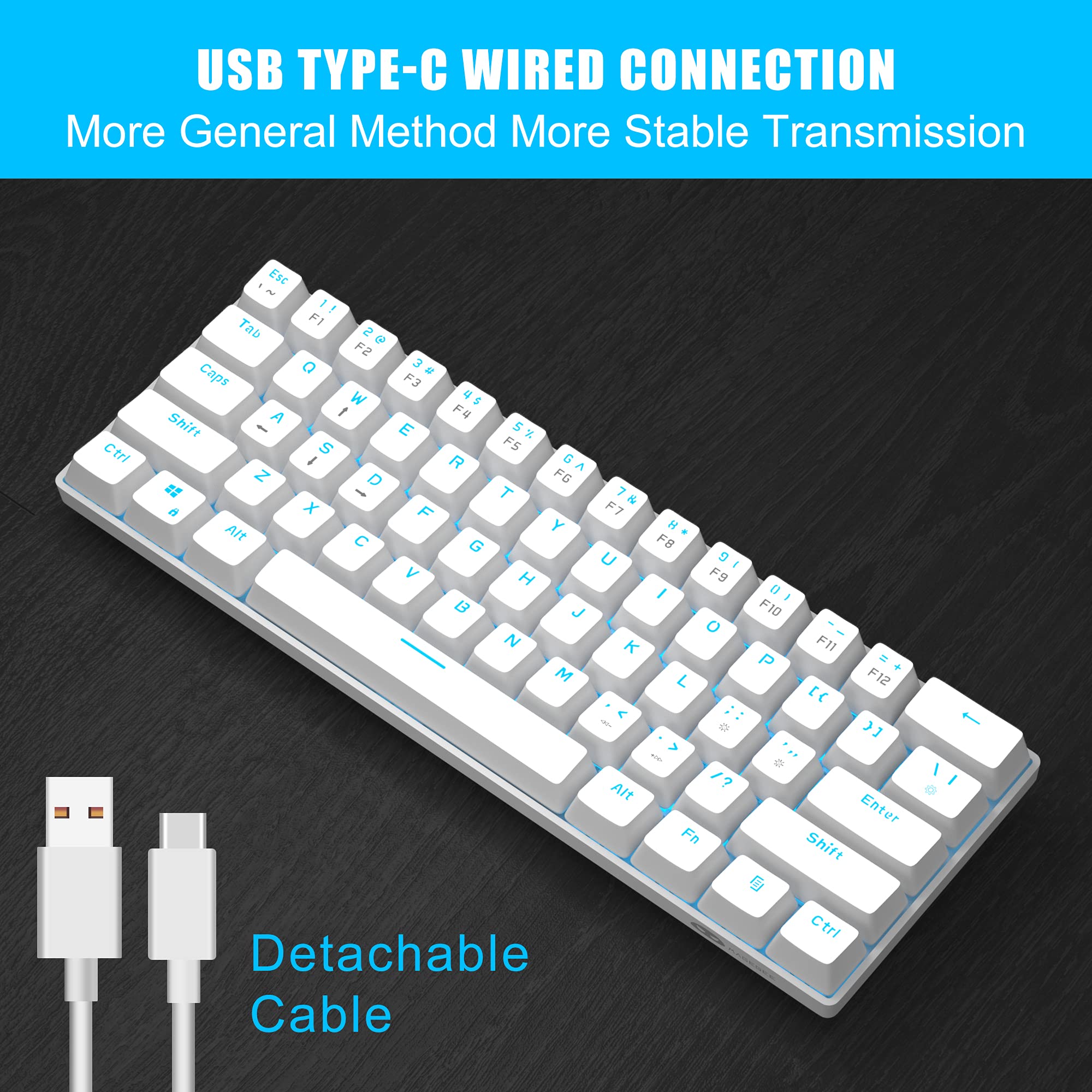 MageGee MK-Mini 60% Mechanical Gaming Keyboard, 61 Keys TKL Compact Gaming Keyboard with Blue Switches, Portable Blue LED Backlit USB Type-C Wired Office Keyboard for PC Laptop Computer, White
