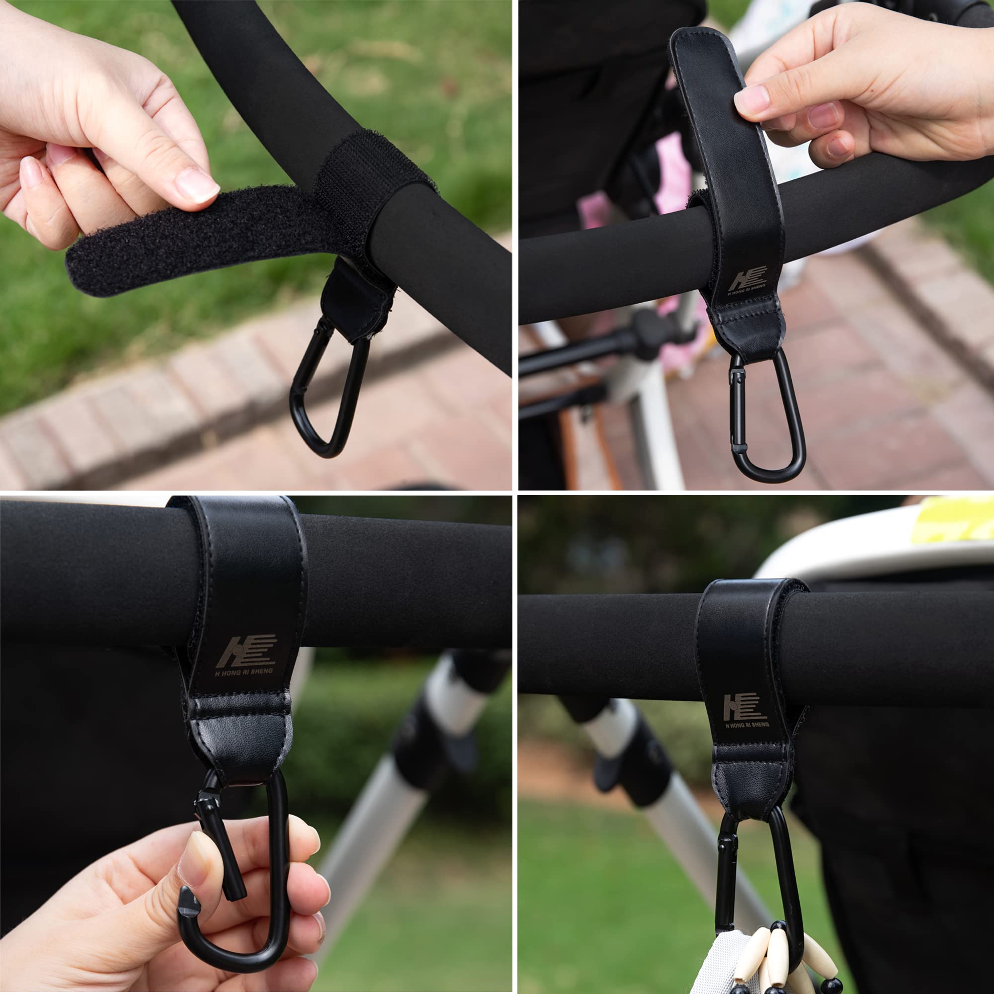 Stroller Hooks for Hanging Bags and Shopping Multipurpose Hooks for Grocery Shopping Bags Premium Vegan Leather Pram Straps (Black 2 Pack)