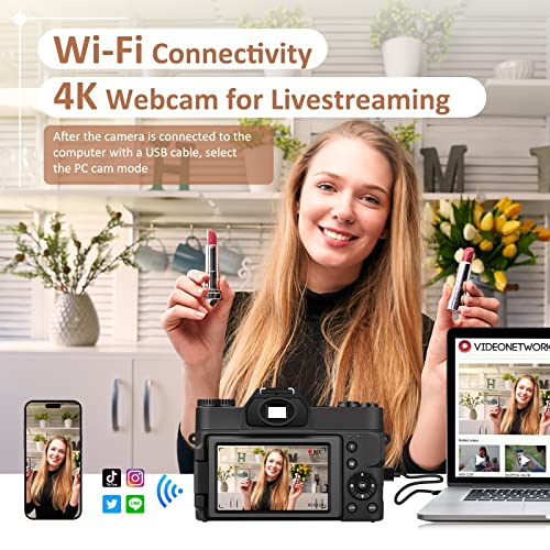 JUSTFX 4K Digital Camera,Vlogging Camera with WiFi for YouTube,Autofocus 16X Zoom 48MP Cameras Photography 64GB SD Card,Wide Angle & Macro Lens,2 Batteries,180°Flip Screen,Black