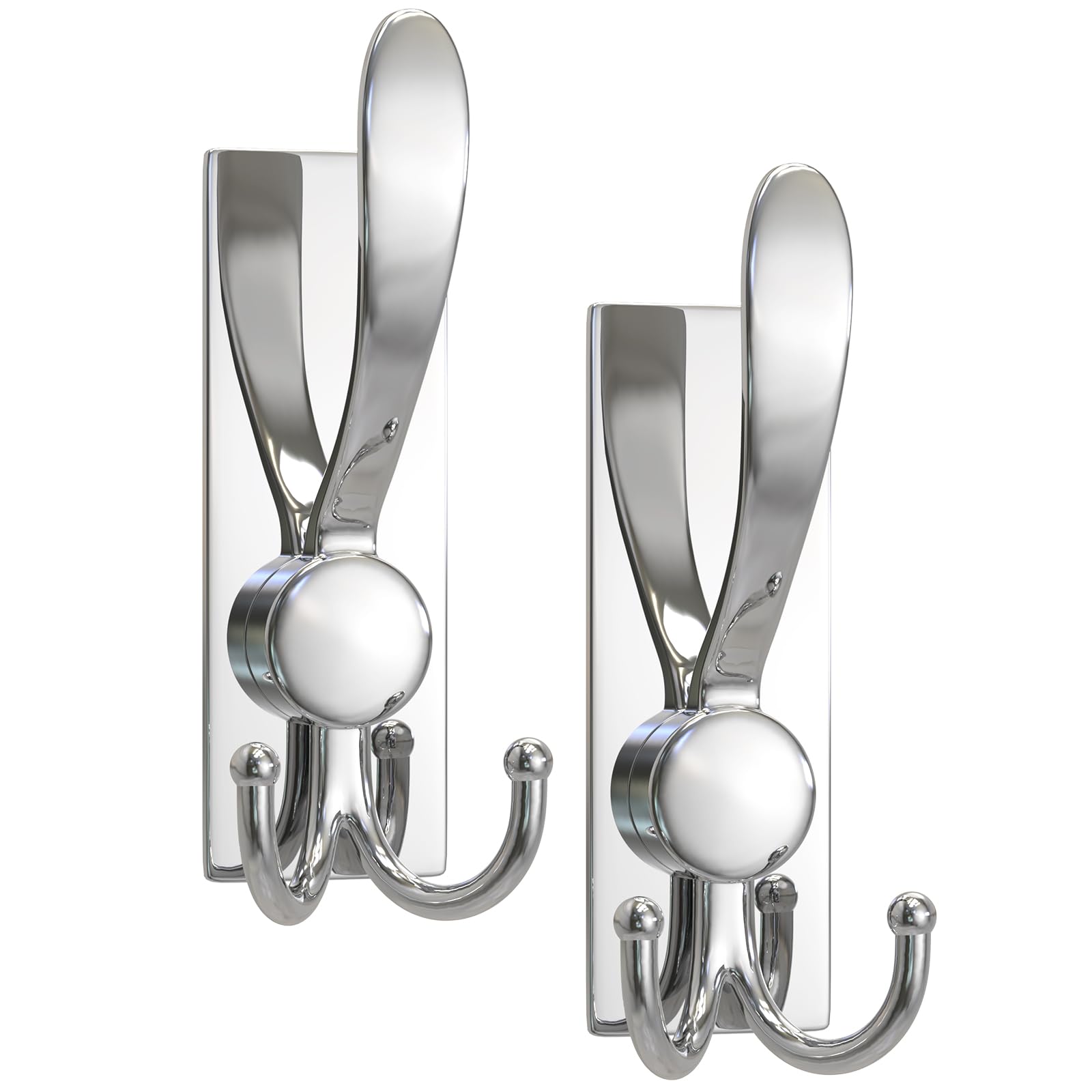 VINHOLD Metal Wall Mounted Towel Hooks, Self-Adhesive Coat Hooks with Tri Hooks for hanging towels, coats, hats, pans, Utility Hooks for bathrooms, bedrooms,kitchens(2 pack,glossy)