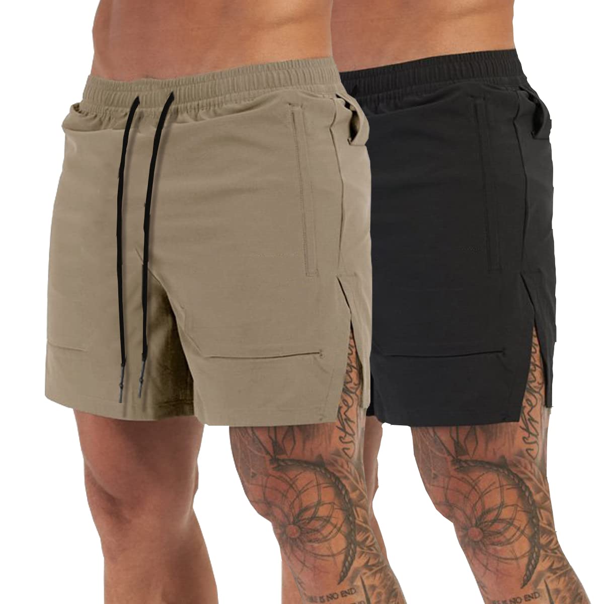 Muscle Killer Men's 2 Pack Gym Workout Shorts Athletic Training Shorts Bodybuilding Weightlifting Pants with Zipper Pockets (Regular, Khaki+Black, Medium, Regular Fit)
