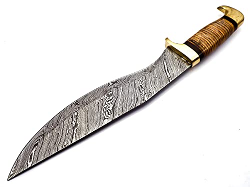 MID AMERICA Cutlery Custom Hand Made Beautiful Damascus Hunting Knife Kukri Handle Sketched Leather, Steel