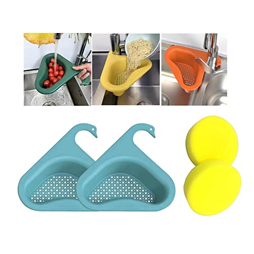 Swan Drain Basket Sink with 2 Pack Reusable Sponge, Kitchen Triangle Sink Filter, Corner Kitchen Sink Strainer Basket, Multi-function Water Storage Tank Drain Rack Fits All Sink (2PC - Blue)
