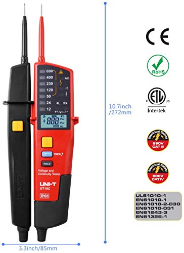 Voltage Tester Professional UT18C Voltage and Continuity Tester Multifunction Waterproof Digital Electrical Circuit Tester Voltage Meter Voltmeter 12V~690V AC/DC Automatic Range LCD Display